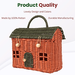 KOLWOVEN Rattan House Storage Basket with Lid - Mouse in a Box House- Small Doll house- Decorative Hand Woven Shelf Organizer Cute Handmade Handcrafted Gift Decoration Artwork Wicker (Moss green)