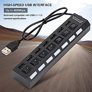 125 7-Port USB Hub Splitter,480Mbps High-Speed USB Port Expander Charging Hub,Overload Current Desktop Hub with 7 Power Independent Switches