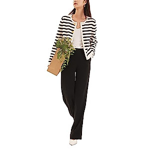 GOELIA Women's Striped Short Cardigan Sweater, Crewneck Button Up Knit Wool Sweaters