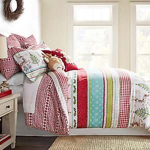 Levtex Home Merry & Bright Collection - Comet and Cupid Duvet Set - King Duvet Cover (106 x 94in.) + Two King Sham (36 x 20in.) - Holiday Deer and Christmas Trees - Red Green White Teal