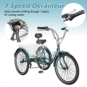 NAIZEA Adult Tricycle, 7 Speed Three Wheel Cruiser Bike, 20/24/26 inch Adult Trikes 3 Wheel Bikes with Large Basket for Seniors, Adults, Women, Men, Multiple Colors