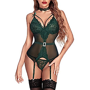 Avidlove Womens Lingerie Sexy Bodysuit with Garter Belt Lace Teddy Lingerie No Stockings (Dark Green, M)