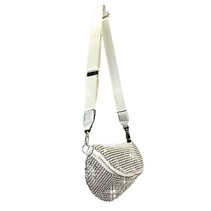 Zzfab Mesh Bing Fanny Crossbody Bags Rhinestone Clutches bling Evening Purse for Wedding and Prom Silver