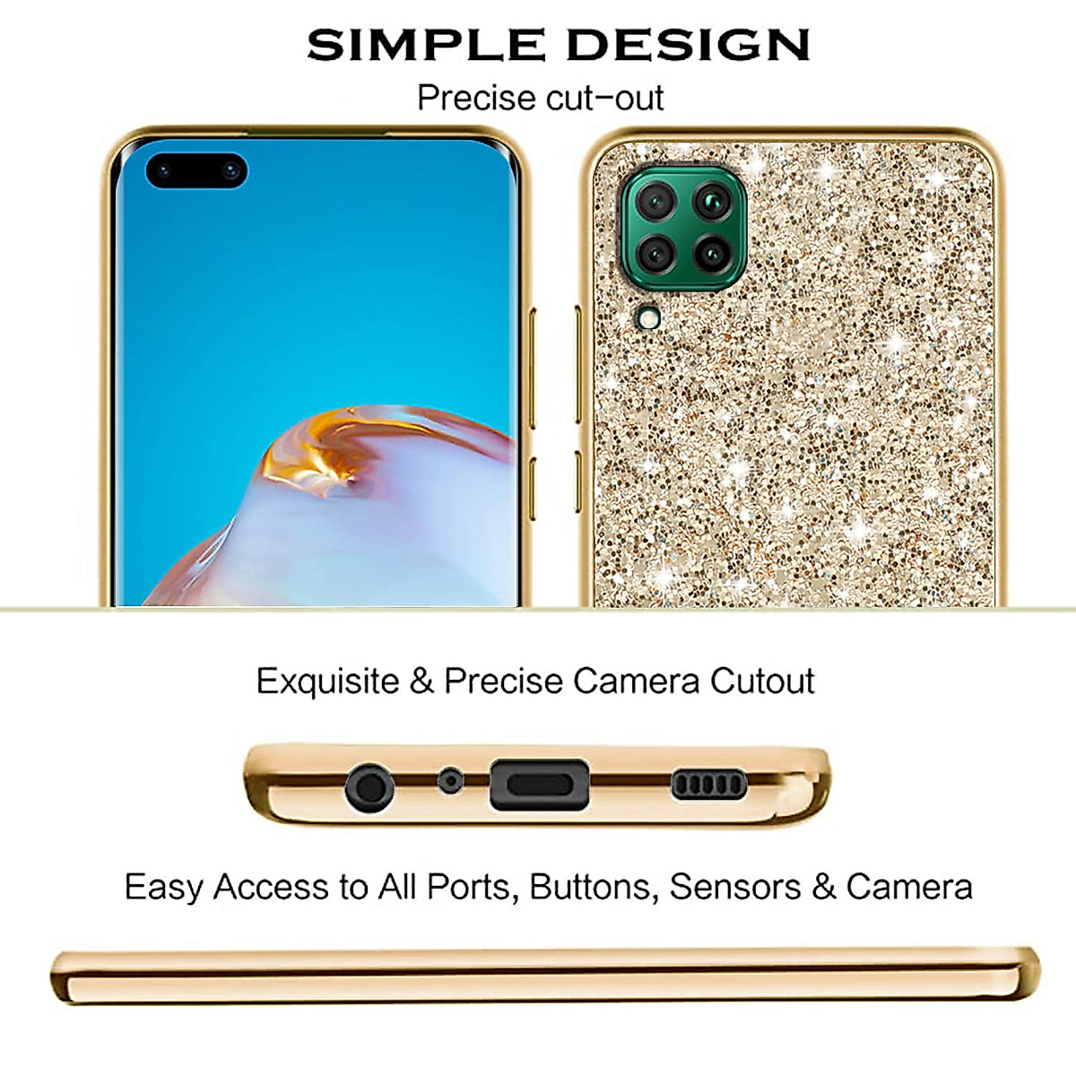 Compatible with Huawei P40 Lite Case Glitter Shockproof,Huawei P40 Lite Phone Case Bling Sparkly Soft TPU and PC Silicone Shiny Girl Women Thin Protective Cover (Gold)