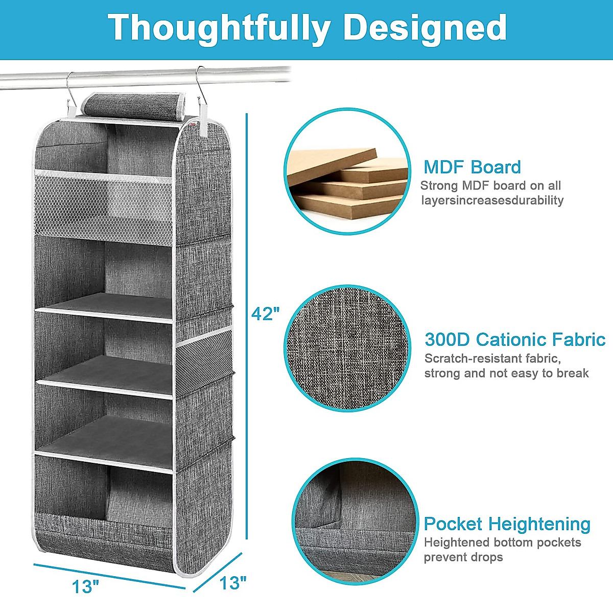 HMA Pro Hanging Closet Organizer and Storage (Heavy Duty) 5 Shelves Collapsible Hanging Closet Shelves Hanging Organizer for Closet, Camper and RV, Strong MDF Material on All Shelves.