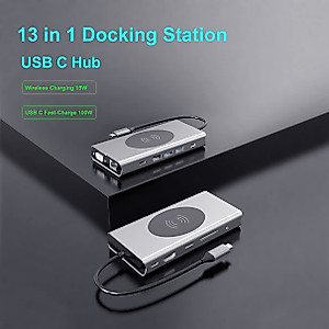 yoerm Docking Station USB C Hub 13-in-1 with Wireless Charging Station, USB C to HDMI, Ethernet, VGA, 5 USB and SD/TF, 100W PD, 3.5mm Audio
