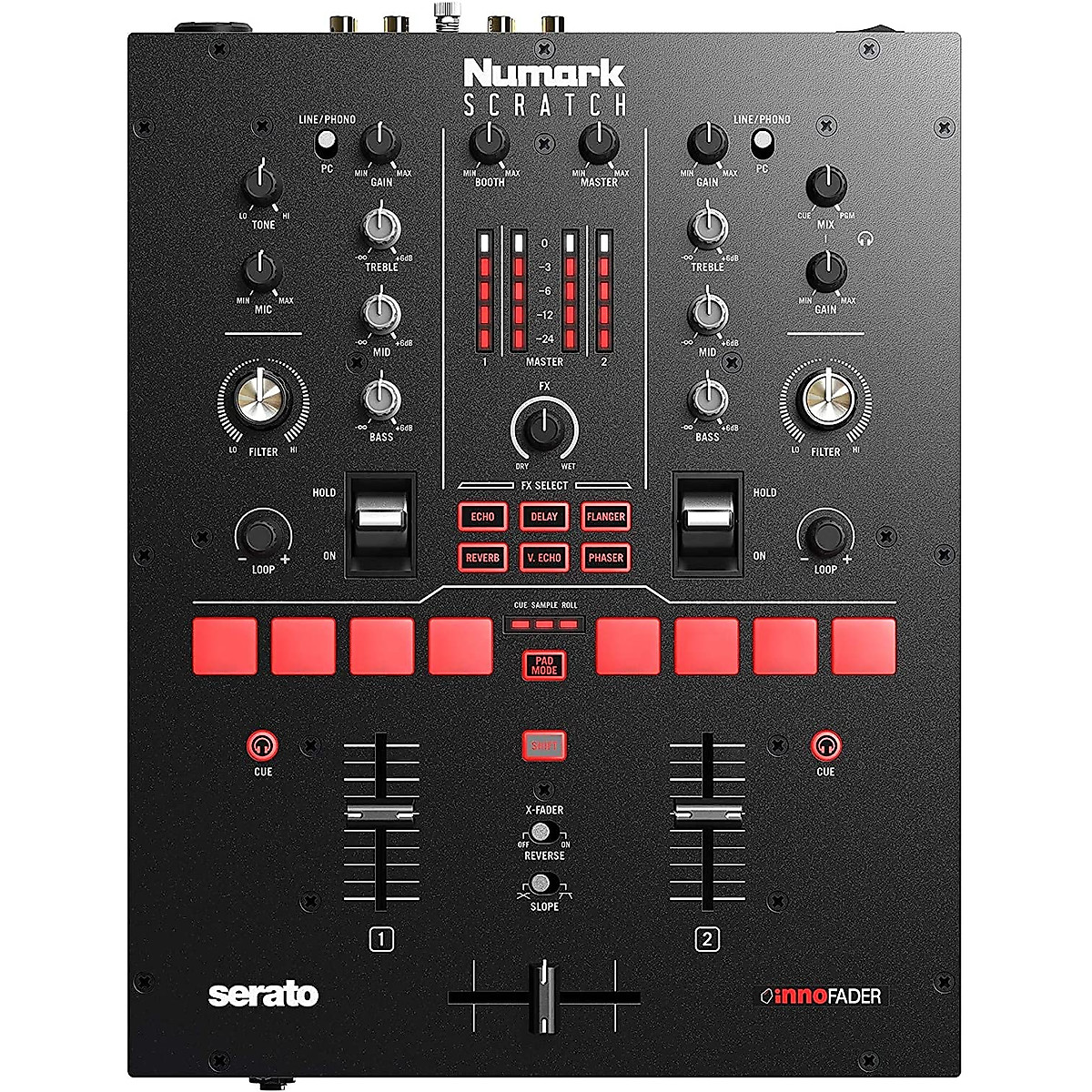 Numark Scratch | Two-Channel DJ Scratch Mixer for Serato DJ Pro (included) & Serato Control Vinyl 12" Pair Red