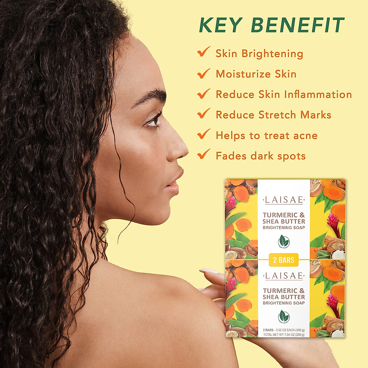 LAISAE Turmeric Brightening Soap Bar for Face Moisturizer with Shea Butter, Licorice Root Extract - Uneven Skin Tone Body Cleansing Bar for Black Women, Sensitive Skin, Vegan Soap, 3.52 oz (2 Bars)