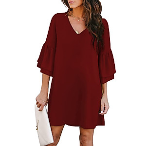 BELONGSCI Women's 2023 Summer Dress Sweet & Cute V-Neck Bell Sleeve Shift Dress Mini Dress, Perfect for Wedding or Graduation