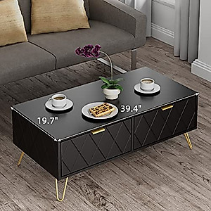 Scurrty 39.4'' Coffee Table with Large Drawers & 2 Open Storage Shelves, Black Modern Coffee Tables with Gold Metal Handles for Living Room, Bedroom and Study (Black)