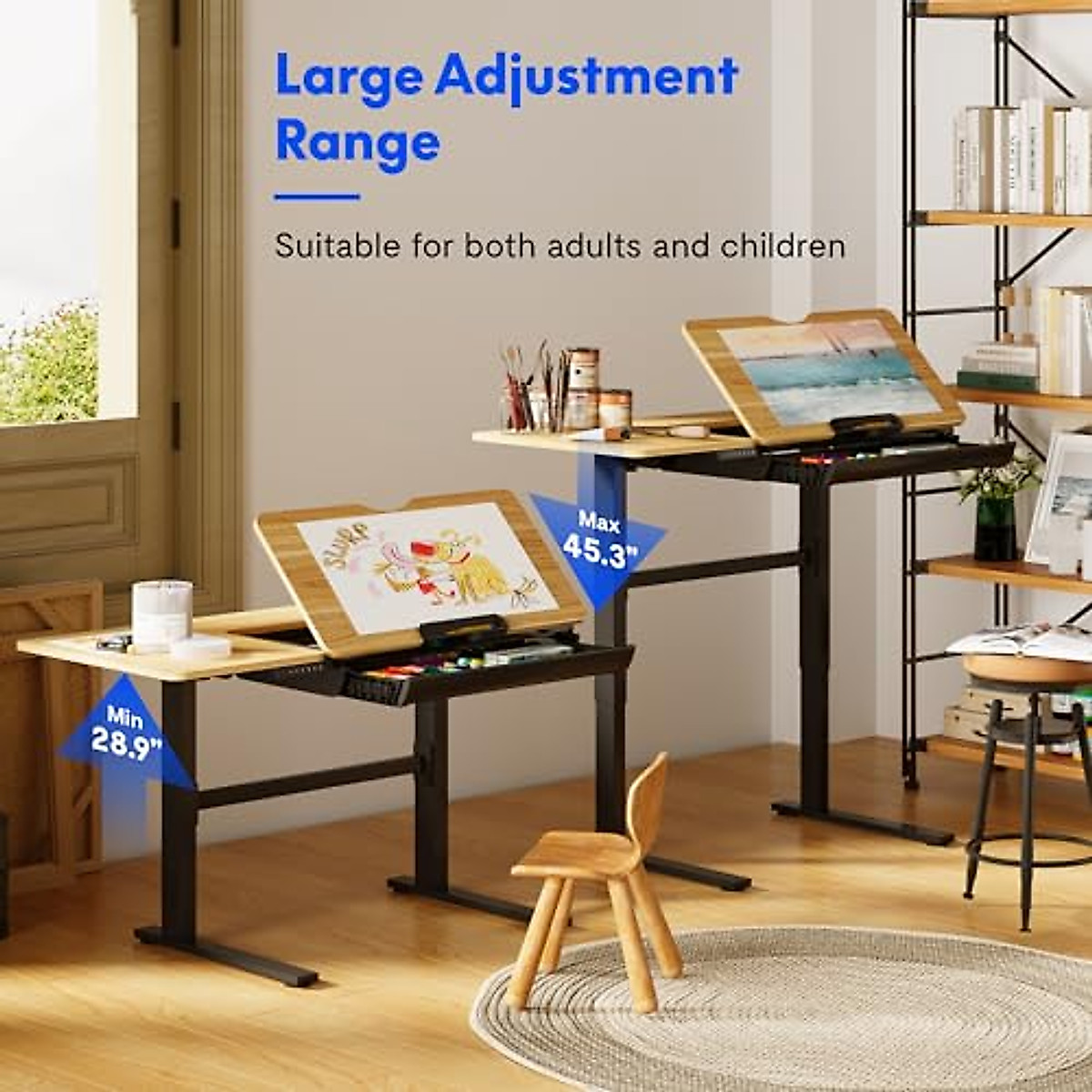 FLEXISPOT Electric Drafting Table Adjustable Height Standing Drawing Desk Extendable Top Craft Workstation w/Tilting Tabletop, Storage Drawer for Study, Office, Studio, Art, Adult & Kid, 47.2"x23.6"