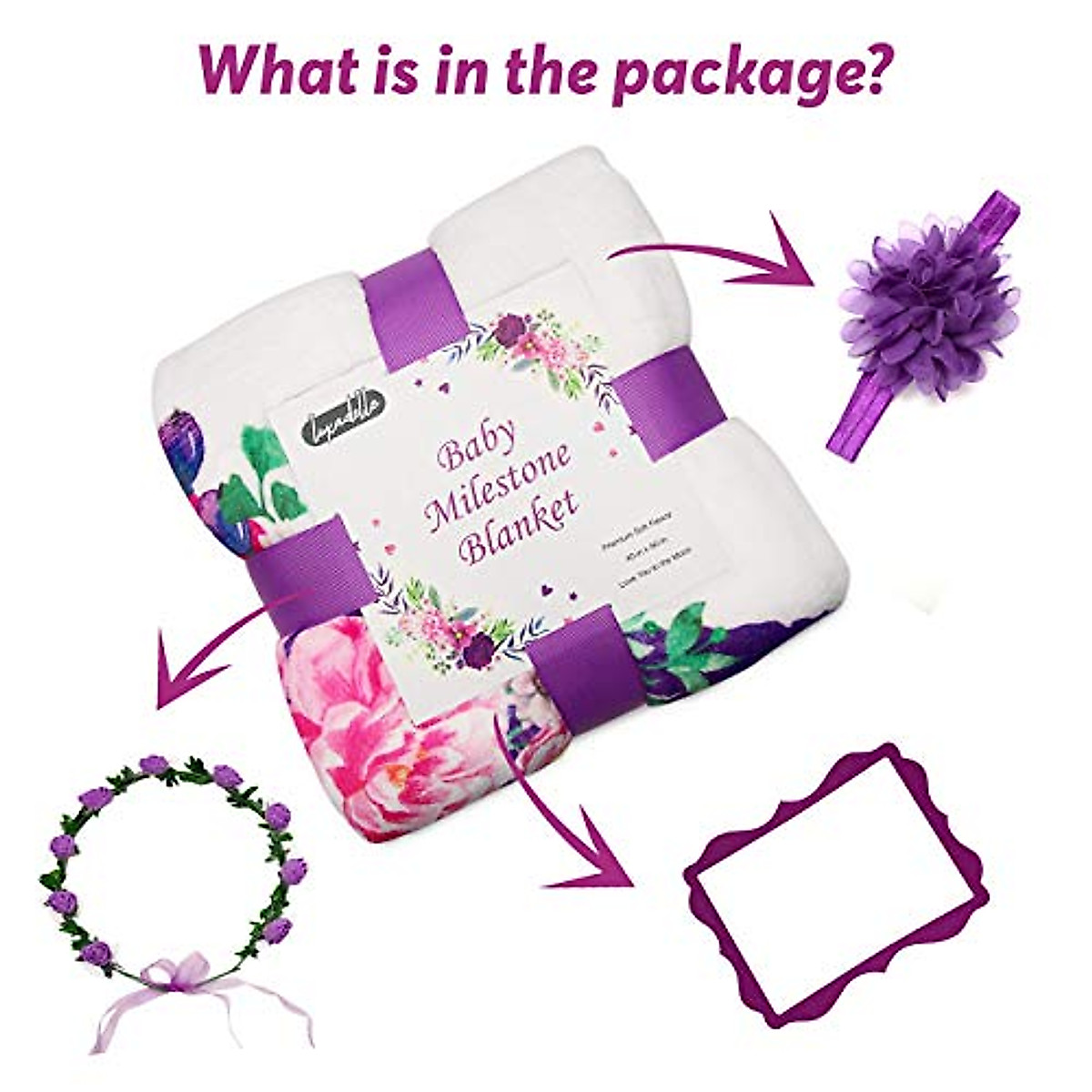 Baby Monthly Milestone Blanket Girl - Extra Soft, Large (60"X40") Thick Fleece - Baby Growth Chart Blanket - Baby Age Blanket for Photos - Baby Month Blanket - Includes Headband, Floral Wreath, Frame