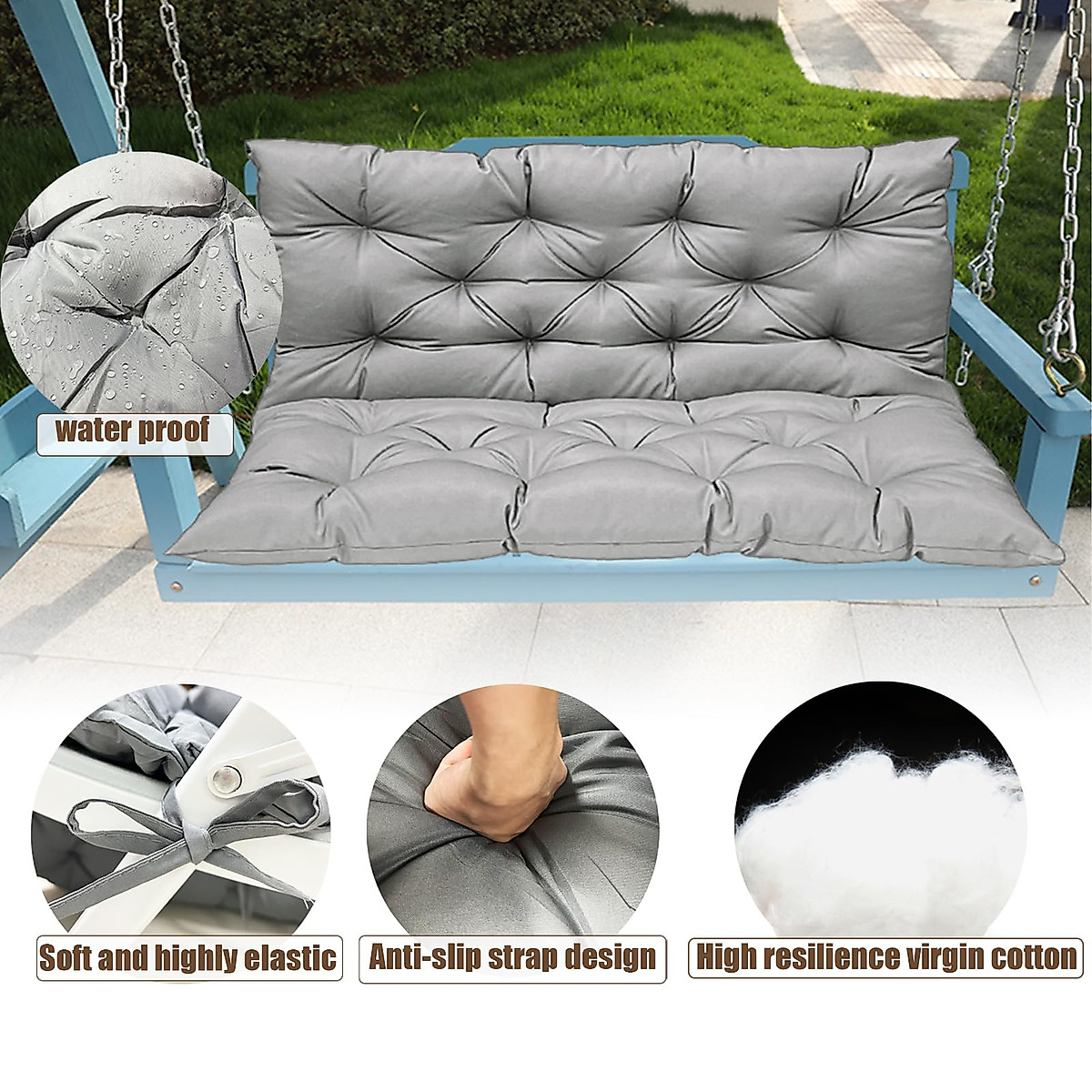 Meimond Swing Cushion 3 Seat 60 Inch,Outdoor Porch Waterproof Patio Bench Back Cushion, Leisure Chair Couch Cushion,4 Inch Thick Patio Garden Furniture Replacement Seat Cushion(Color:Grey)