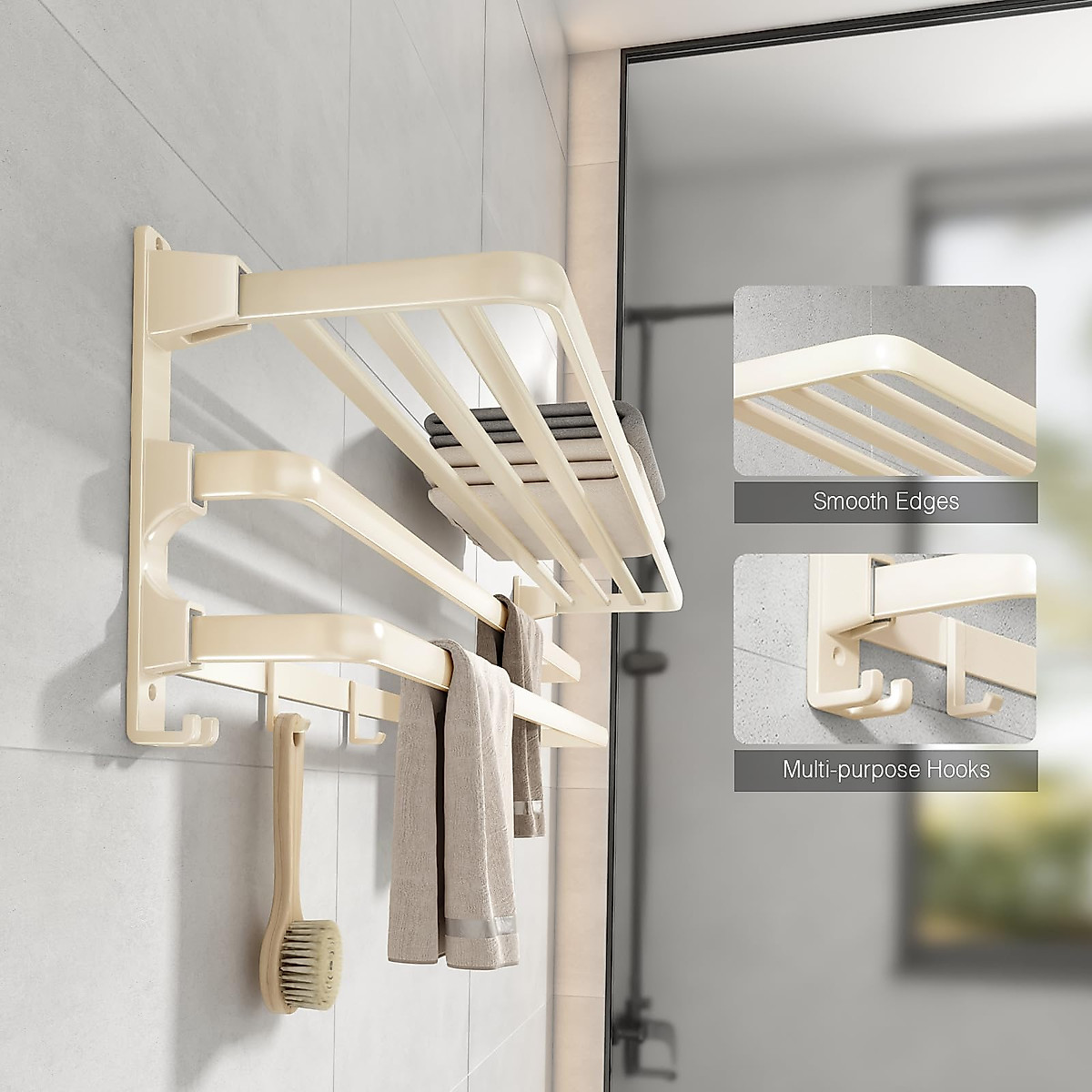 VOLDRA Towel Racks for Bathroom, 24-Inch Towel Shelf with 2 Towel Bar Foldable Towel Holder with 7 Hooks Towel Storage Organizer for Bathroom & Lavatory Wall Mounted(Milky White)