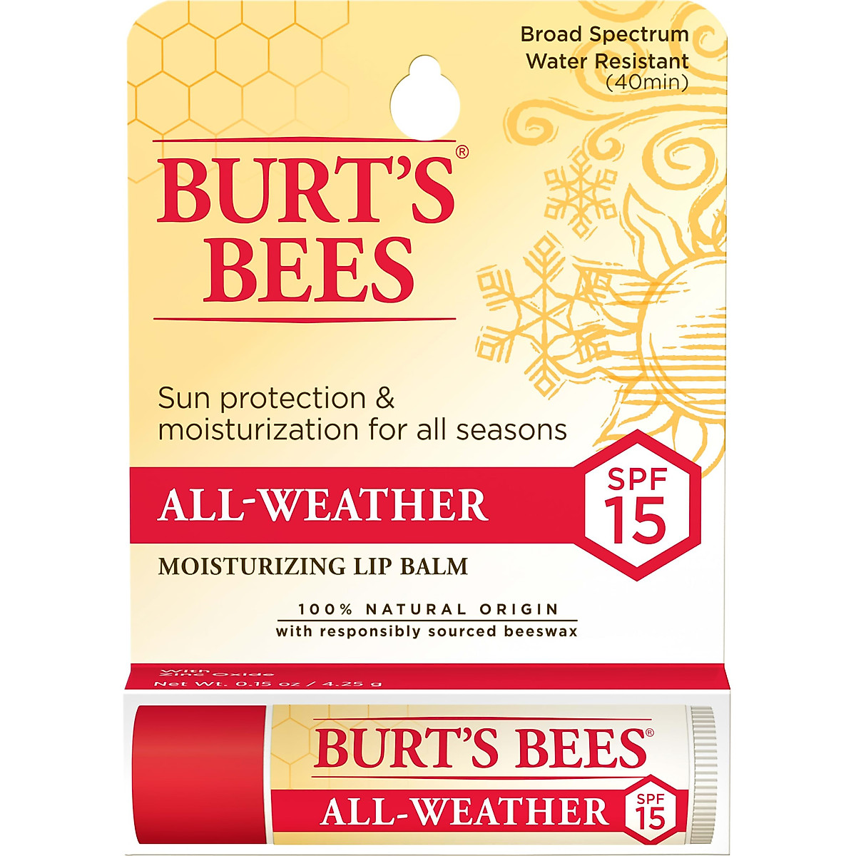 Burt's Bees All Weather SPF 15 Lip Balm, Water-Resistant Lip Moisturizer, Tint-Free, Natural Conditioning Lip Treatment, 1 Tube, 0.15 oz.