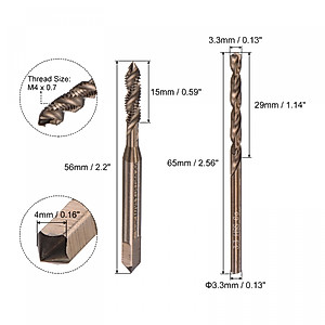 uxcell M4 x 0.7 Spiral Flute Tap and 3.3mm Twist Drill Bit Set, Metric M35 Cobalt High Speed Steel Machine Threading Screw Thread Tap Tool for Stainless Steel