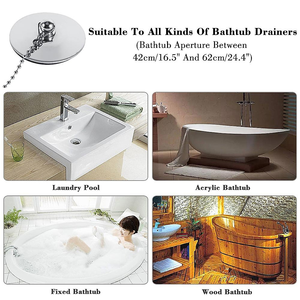 1 ⅞ Inch Bathtub Plug Chrome Stainless Strainer Kitchen Sink Bathroom Bathtub Basket Strainer Replacement Drain Cover Stopper Solid Metal Waste Plug with Chain