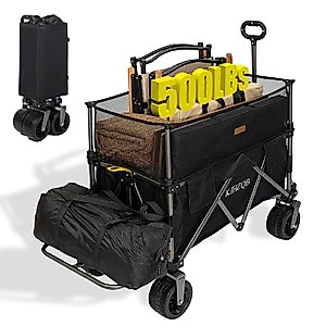 Foldable Wagon Cart with Wheels, Collapsible Foldable Extended Wagon with 500lbs Weight Capacity, 600L Heavy Duty Folding Utility Garden Cart, Big All-Terrain Beach Wheels and 4 Side Pockets