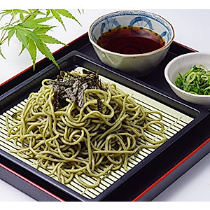 JapanBargain 3183, Japanese Soba Noodle Plates with Bamboo Look Drain Mat Lacquered Sushi Serving Trays Made in Japan, Set of 2