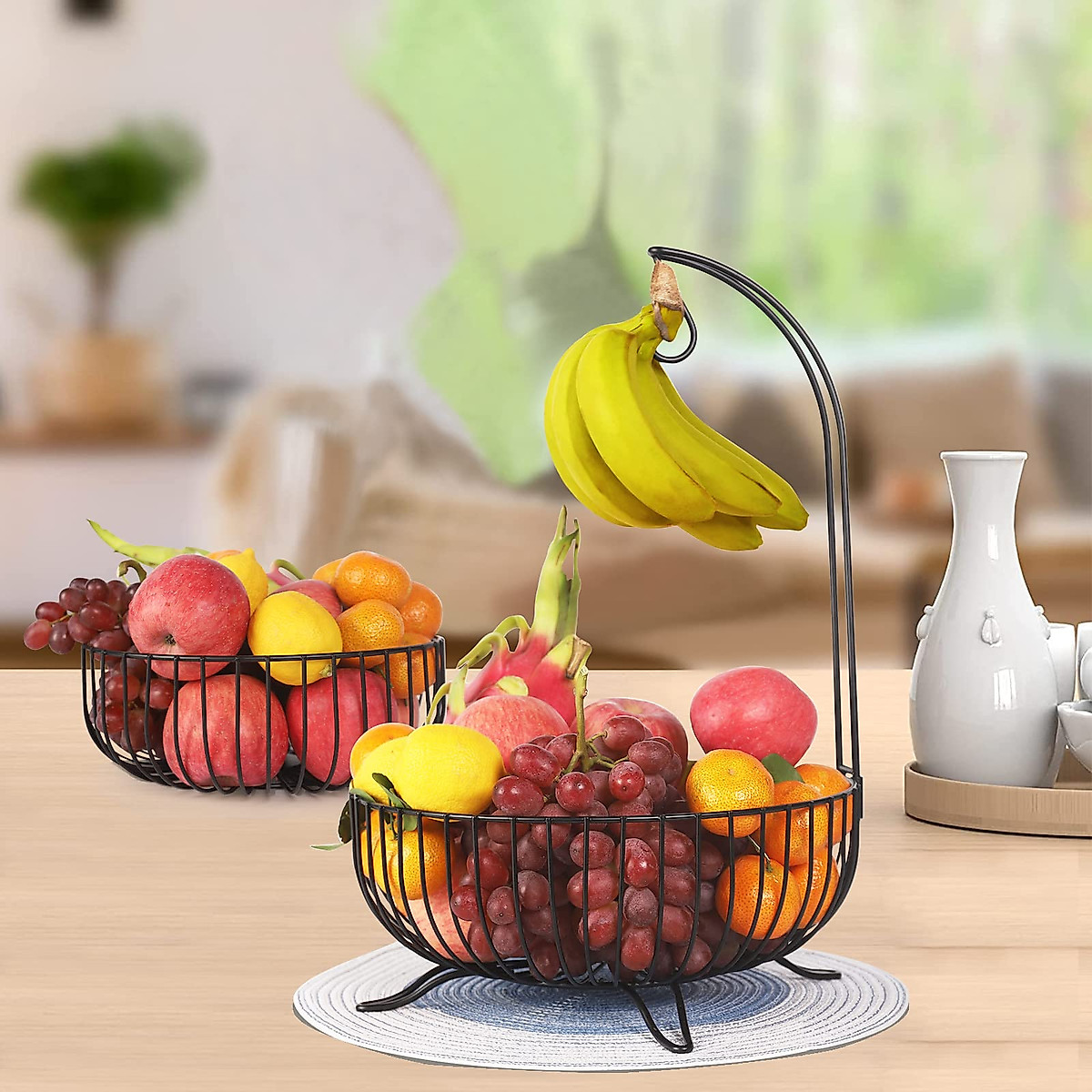TAMAYKIM Large Fruit Bowl with Detachable Banana Tree Hanger + Medium Fruit Basket + Placemat, Fruit Bowls Vegetable Storage Fruit Stand Holder for Kitchen, Counter, Countertop