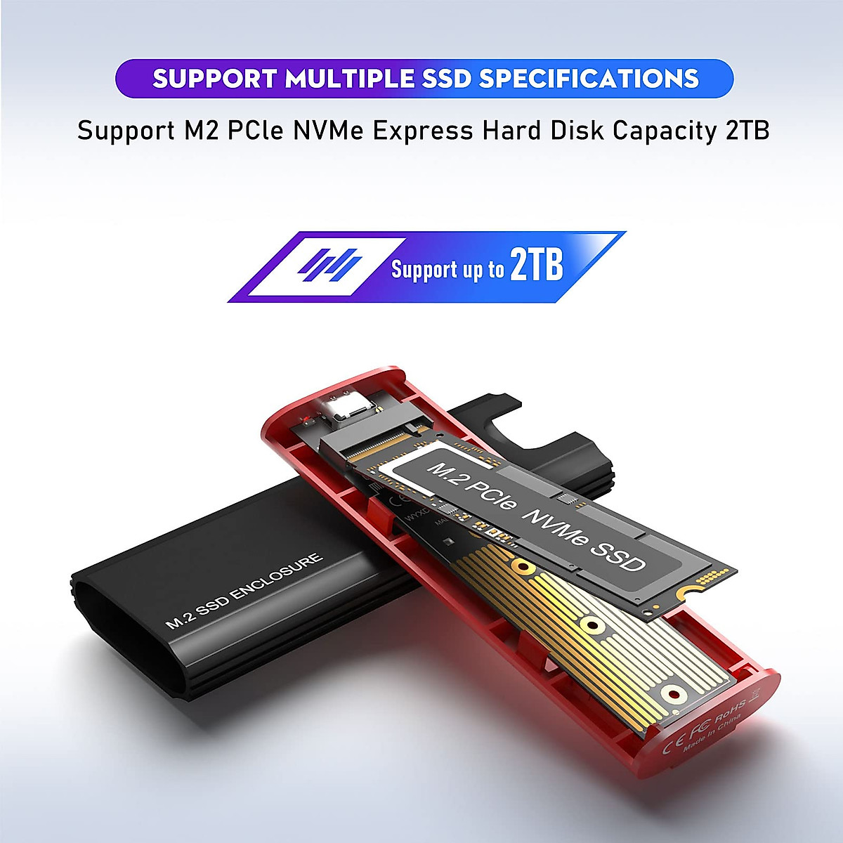 M.2 NVME SSD Enclosure, M.2 SSD Enclosure Aluminum Alloy Case High Speed Ultra Thin 2TB for 2280 SSD