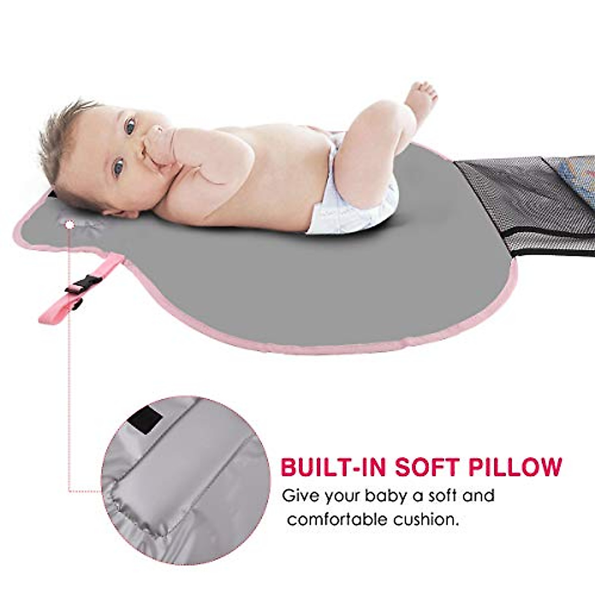 Zooawa Baby Diaper Changing Pad, Lightweight Waterproof Christmas Travel Diaper Clutch for Newborn Boy & Girl, Diaper Changing Mat Station with Mesh Pockets, for Toddler Travel Changing Station, Pink