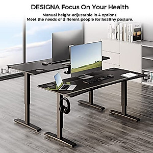 DESIGNA Manual Height Adjustable Home Office Computer Desk, 63 Inch Large Curved Edge Standing PC Gaming Table Workstation with Full Mouse Pad Controller Rack Cup Holder Headphone Hook, Black