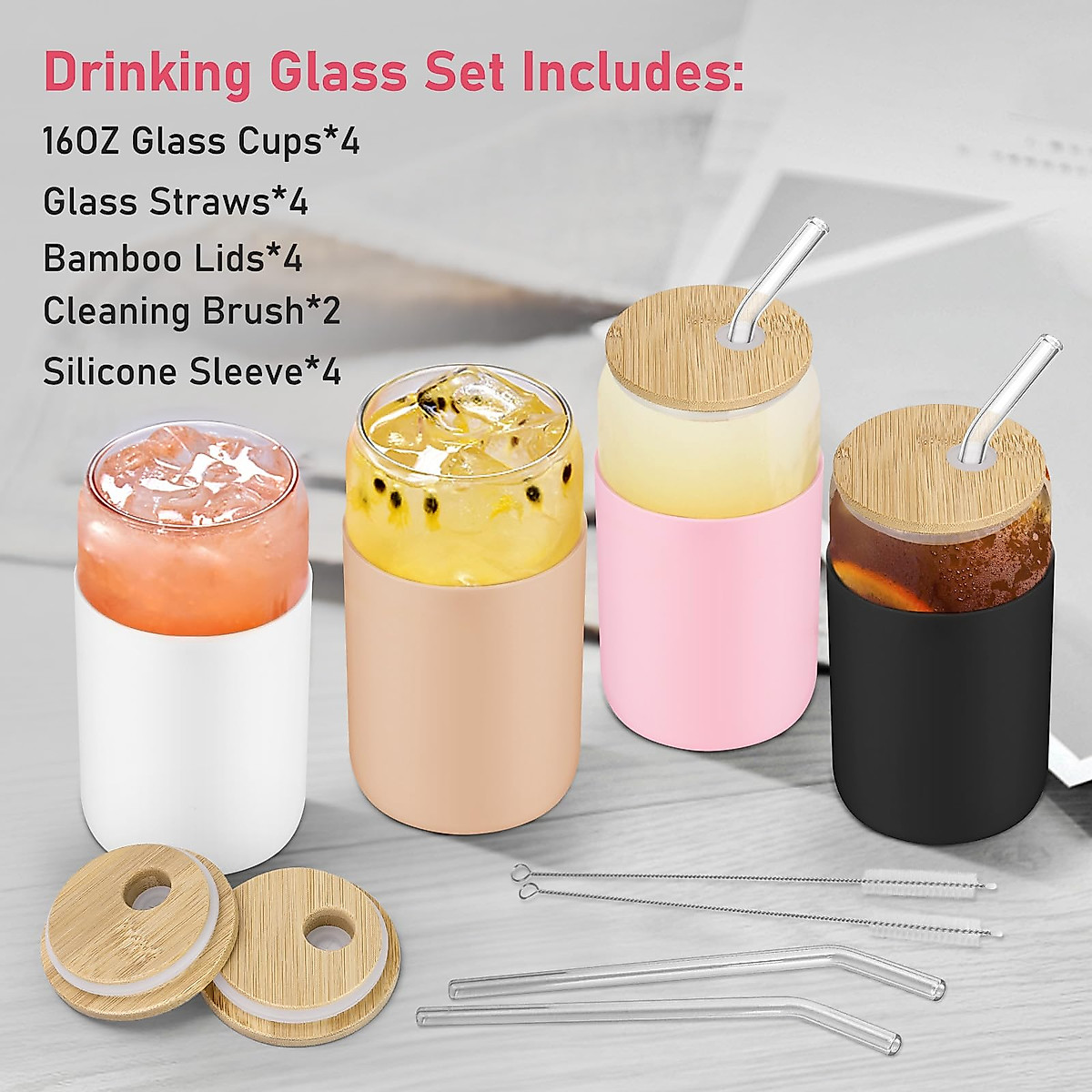 sungwoo Glass Cups with Bamboo Lids and Straws, 16OZ Ice Coffee Cup with Silicone Sleeve, Drinking Cup set with Wooden Lids, Home Essential Glass Tumblers for Beer, Cocktail, Tea and Latte 4 Pack