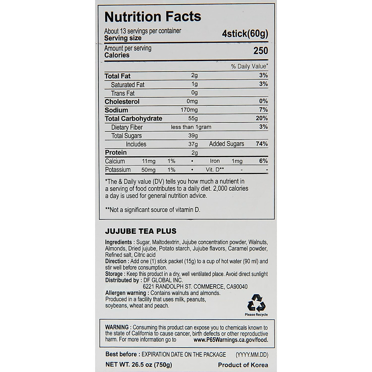 Damtuh Korean Traditional Jujube Tea Plus, Jujube Powder, Red Date Instant Tea, 15g x 50 Sticks