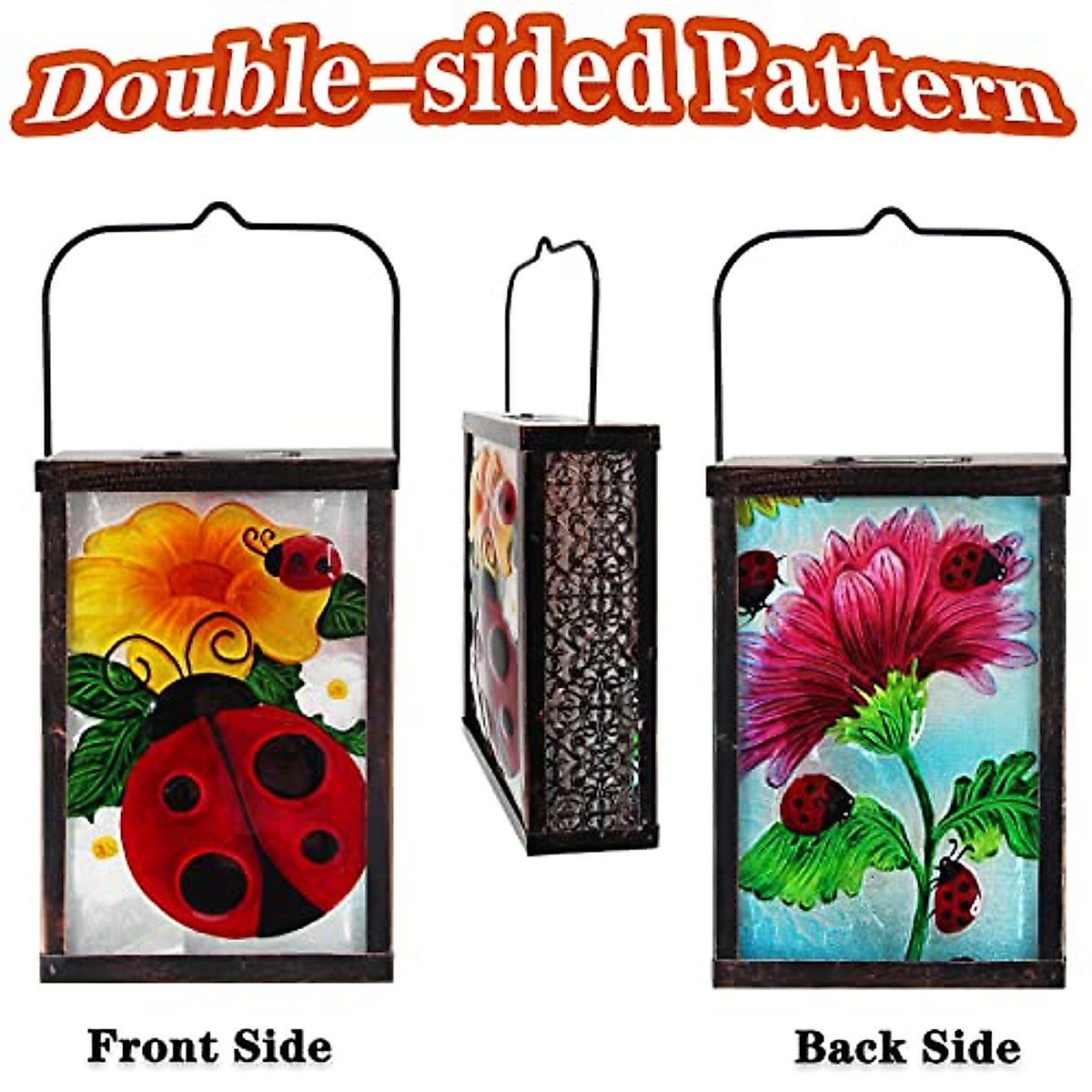 SUBOLO Hanging Solar Lantern Outdoor Garden Metal Glass Ladybug Pattern LED Light Solar Powered Waterproof Landscape Table Lamp for Patio, Yard and Pathway - 1 Pc