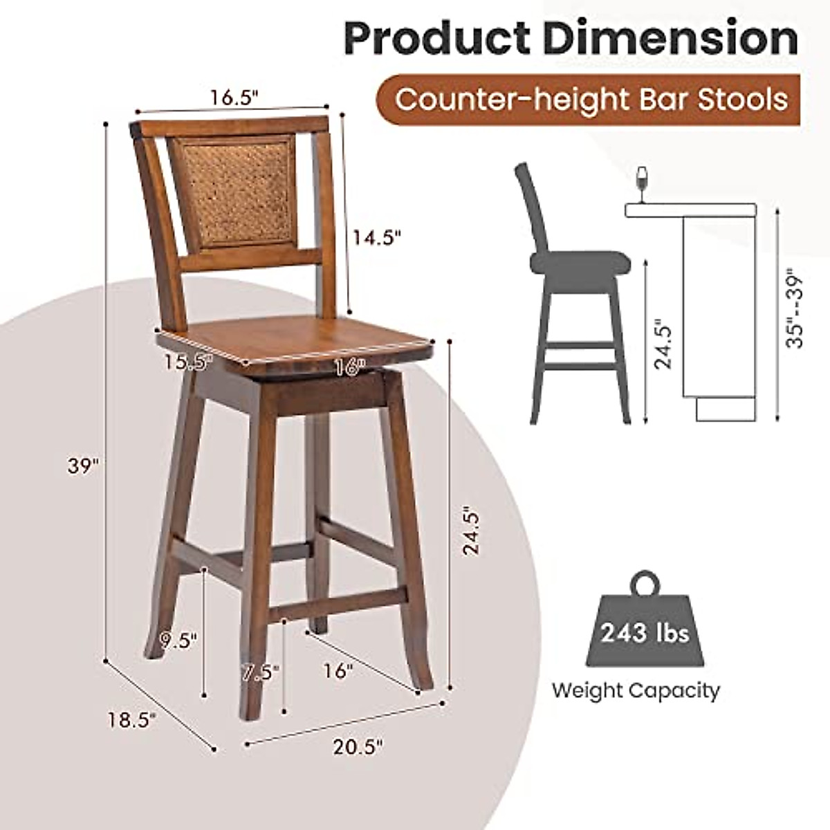 COSTWAY Bar Stools Set of 2, 24.5 Inch Counter Height Bar Stool with Rattan Back, 360°Swivel Seat, Comfortable Footrests, Rubber Wood Bar Stools for Kitchen Island, Dining Room, Cafe, Pub (2)