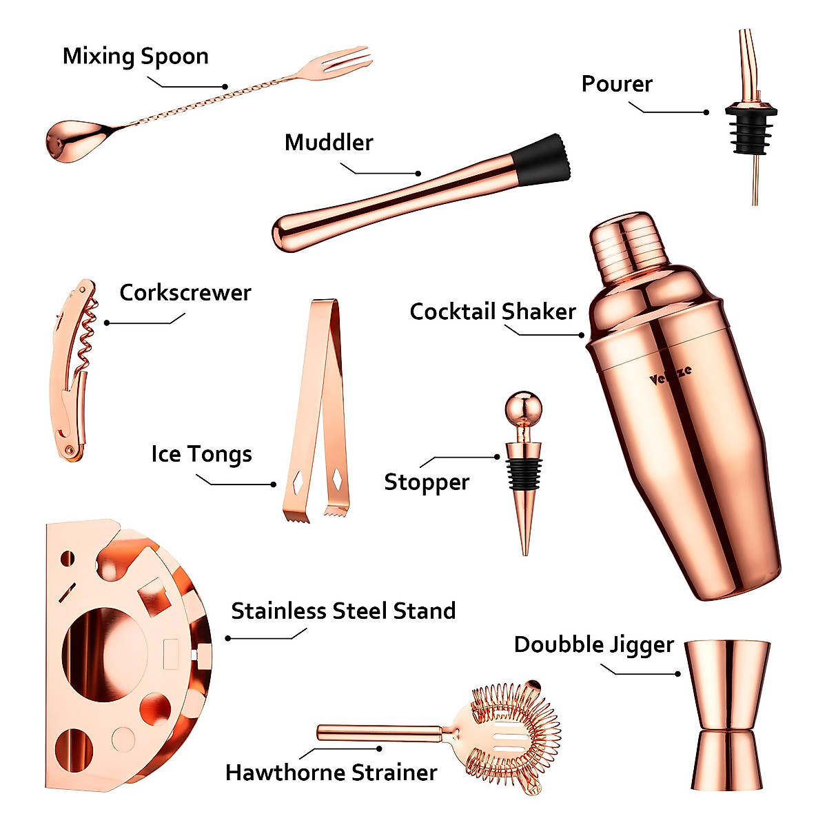 Velaze Cocktail Shaker Set, 10 Pieces Stainless Steel Bar Tools - Bottle Opener, Pour Spouts, Measuring Jigger and Wine Stopper, Champagne Martini Shaker Sets (Rose Gold)