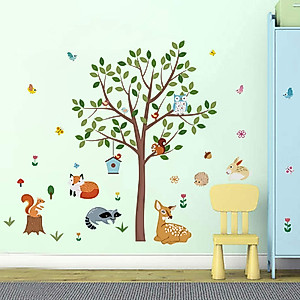 decalmile Forest Animals Tree Wall Decals Deer Fox Owl Wall Stickers Baby Nursery Kids Bedroom Playroom Wall Decor(Tree H: 56")