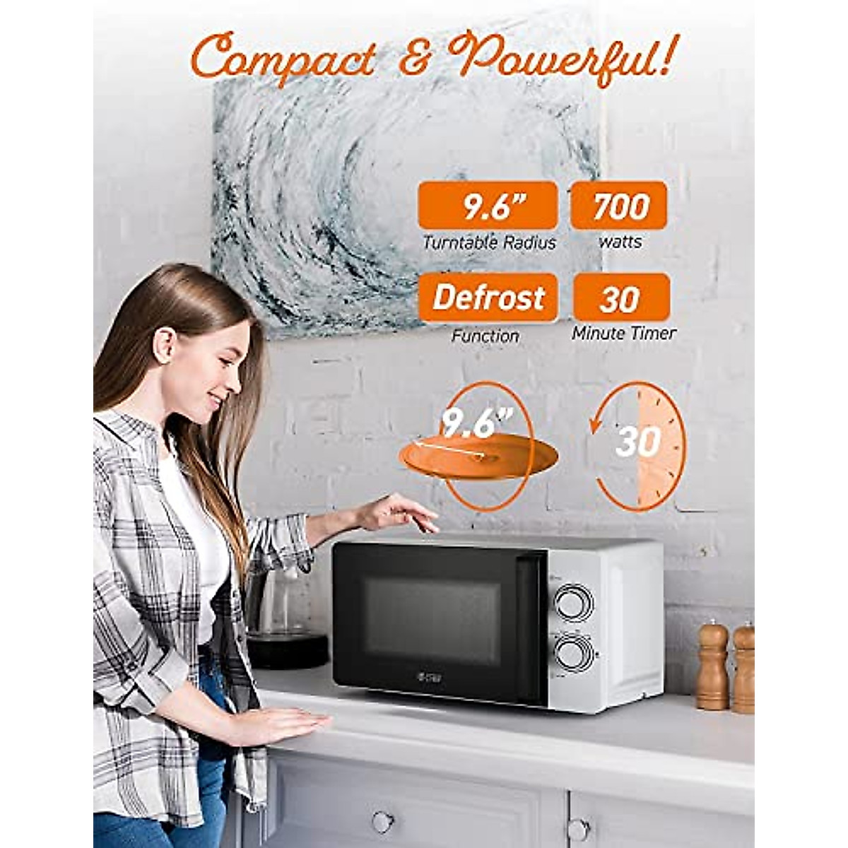 COMMERCIAL CHEF Small Microwave 0.7 Cu. Ft. Countertop Microwave with Mechanical Control, White Microwave with 6 Power Levels, Outstanding Portable Microwave with Convenient Pull Handle