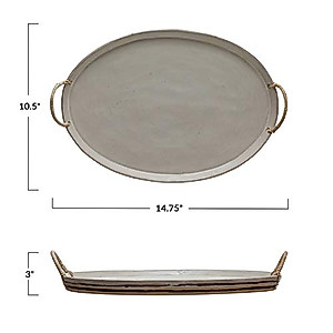 Creative Co-Op Stoneware Platter with Rattan Wrapped Handles, Reactive Glaze, White & Brown (Each One Will Vary) Tray
