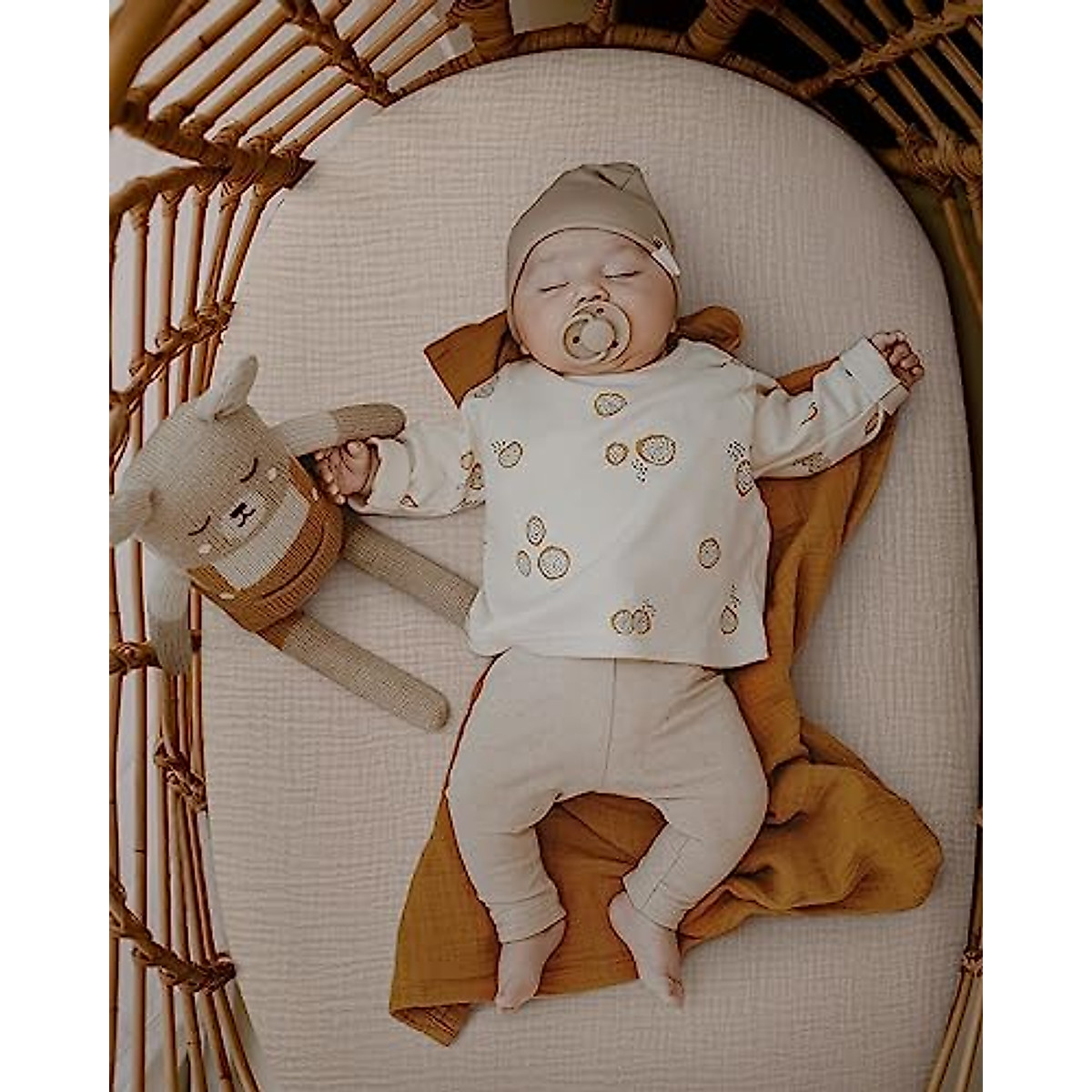 Muslin Bassinet Sheet for Baby Boy, Girl and Unisex, Ultra Soft Bedside Bassinet Sheets Fitted for Oval, Rectangle and Hourglass Mattress Pad, 2 Pack (Retro Yellow&Beige)