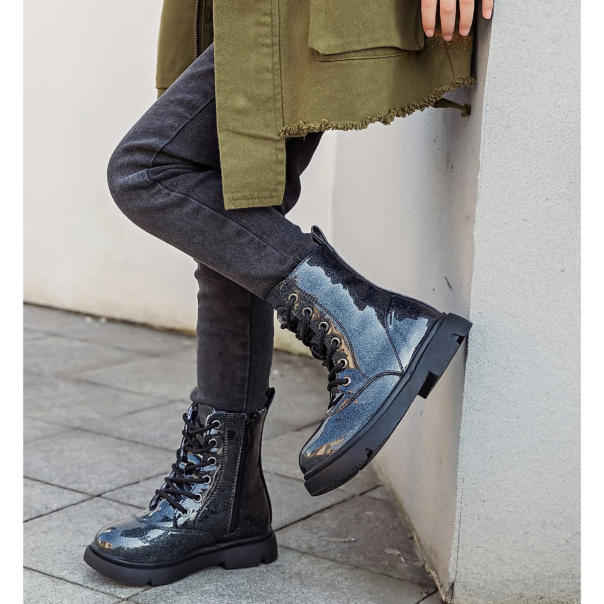 DADAWEN Boys Girls Waterproof Lace Up Glitter Mid Calf Combat Boots With Side Zipper for Toddler/Little Kid/Big Kid Black Glitter US Size 2 M Little Kid