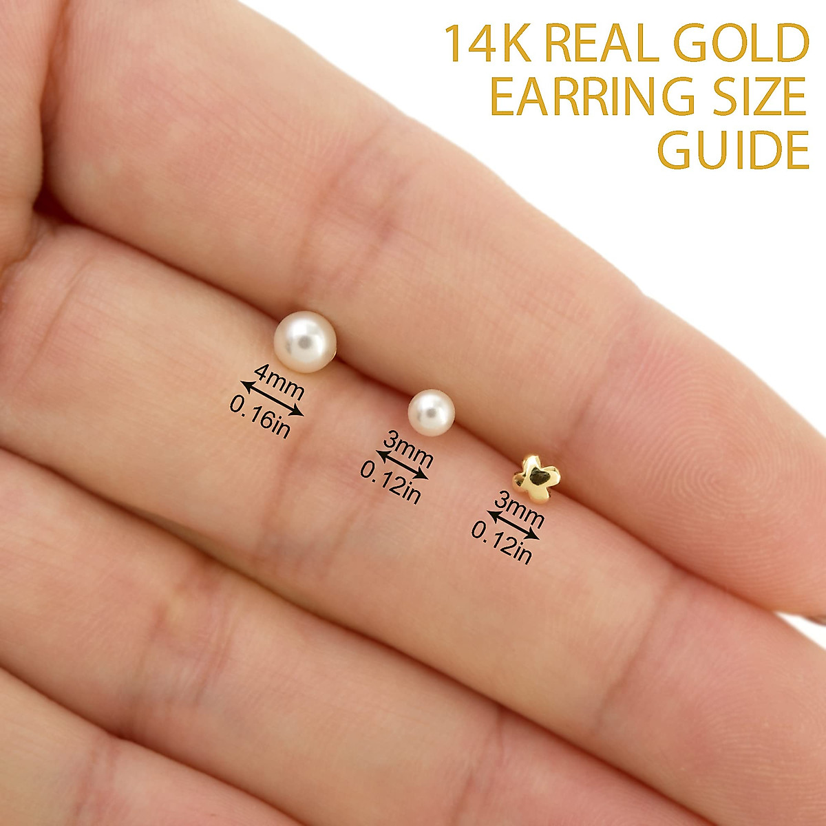 14K Solid Yellow Gold 3mm X-Small Tiny Swarovski Crystal White Pearl Stud Short Post Earrings for Girl Women