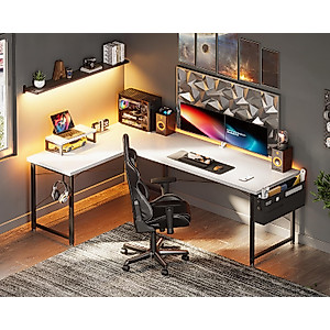 ODK L Shaped Desk, 66" Computer Corner Desk, Gaming Desk, Home Office Writing Desk with Monitor Shelf, Space-Saving Workstation Desk, Modern Simple Wooden Desk, Easy to Assemble, White