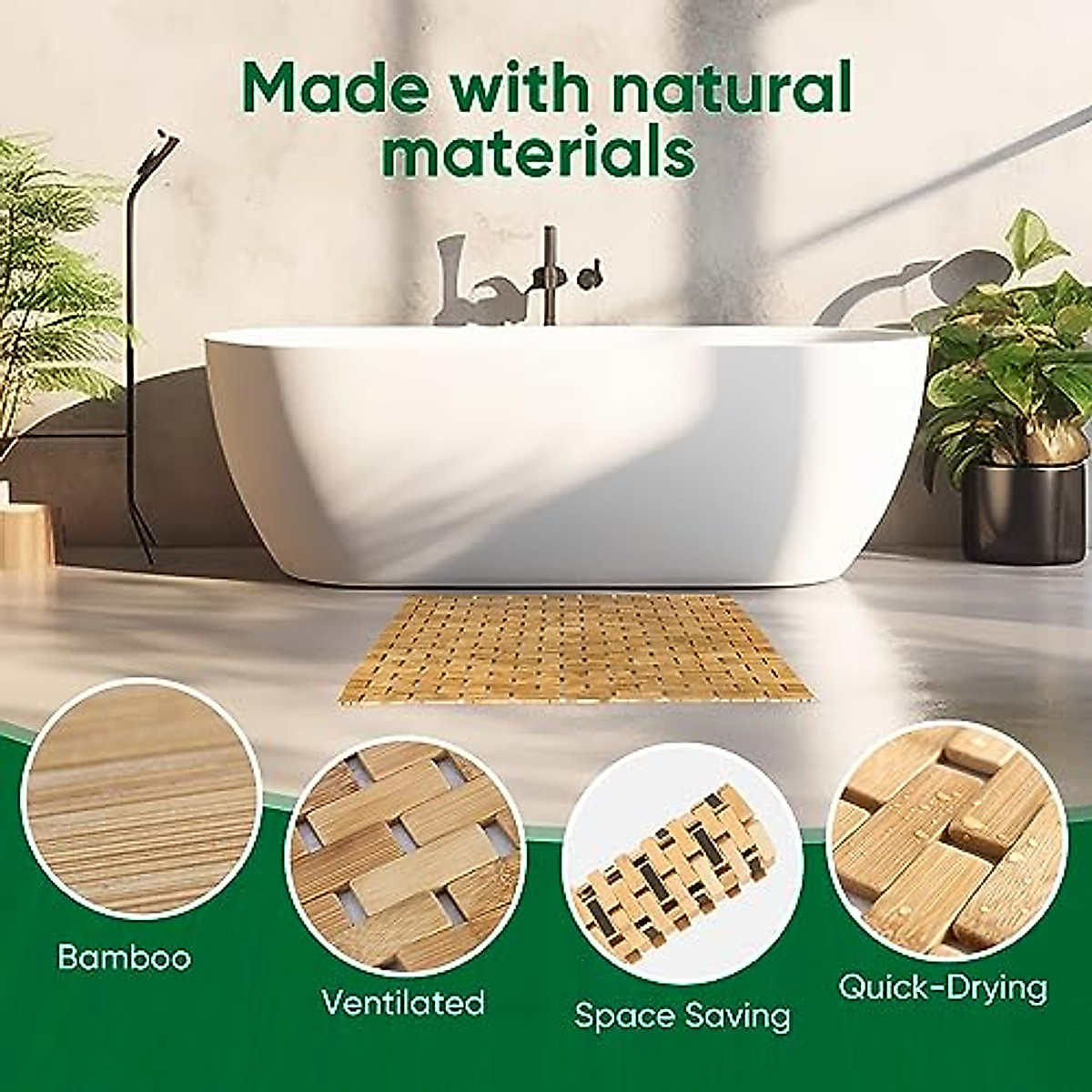 Natural Bamboo Bath Mat, 24 x 16 Inches Non-Slip Bamboo Shower Mat, Waterproof Foldable Wood Bath Mat for Sauna, Spa, Indoor or Outdoor
