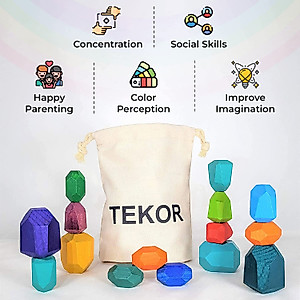 TEKOR 16 Pcs Wooden Stacking Rocks, Rainbow Balancing Stones, Natural Wooden Building Blocks, Educational Preschool Learning Lightweight Montessori Toys for Toddlers Boys Girls