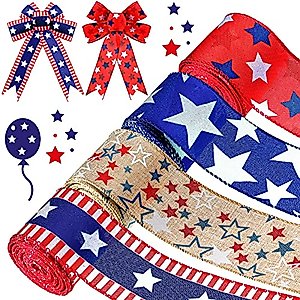 Wiaxin 26 Yards 4th of July Ribbon Patriotic Wired Edge Ribbon Patriotic Stars Stripes Ribbon for Independent Day Decor Hair Bows Wrapping Sewing