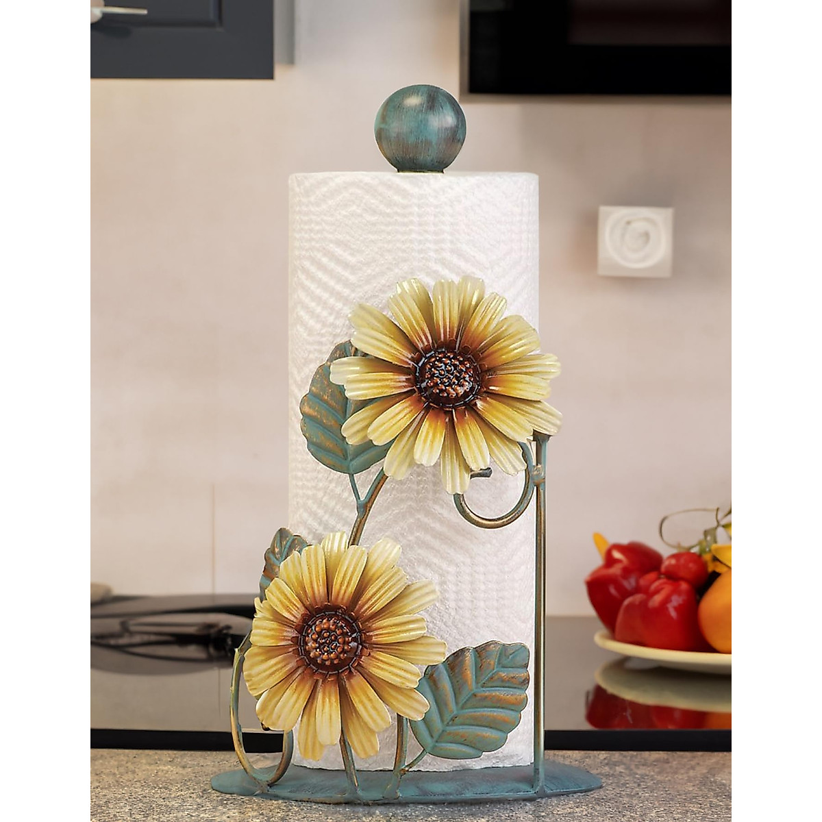 Sunflower-Themed Paper Towel Holder- Indoor Decorative Accent and Practical Accessory for Kitchen & Dining-Beautifully Designed Rustic Farmhouse Stand for Countertops,Complementing Sunflower Dish Sets