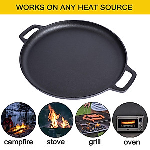 Max K 14-Inch Pizza Pan with Handles - Preseasoned Cast Iron Cooking Pan for Baking, Roasting, Frying - Black