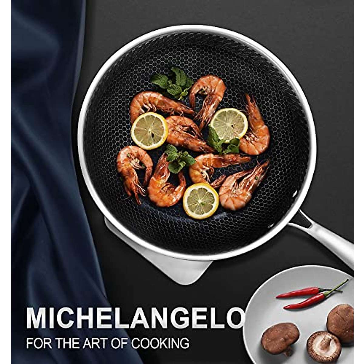 MICHELANGELO Wok Pan with Lid, 12 Inch Stainless Steel Wok Set with Spider Strainer and Steaming Rack, Honeycomb Woks & Stir-fry Pans Flat Bottom Wok Induction Compatible, Dishwasher and Oven Safe