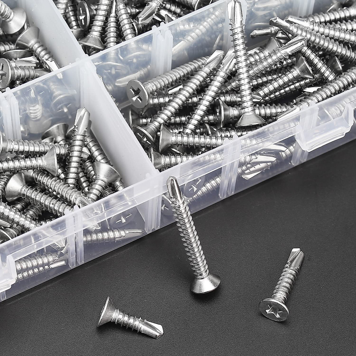 HELIFOUNER #10 x1/2", 5/8", 3/4", 1", 1-1/4", 1-1/2" Self Drilling Screws Sheet Metal Screws Assortment Kit, 410 Stainless Steel (#10 Countersunk Head)