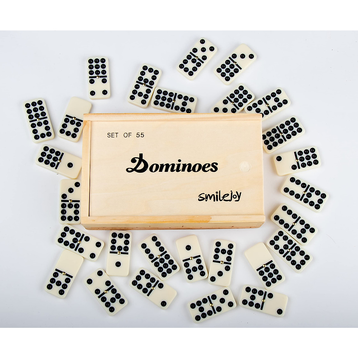 Smilejoy Dominoes Set for Adults, Double Nine Domino Set for Classic Board Games, Dominoes Double 9 for Family Games with Natural Wooden case with Spinner 55pcs
