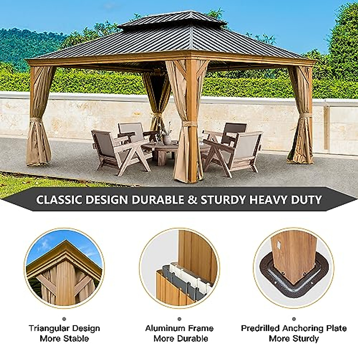 12’ x 16’ Hardtop Gazebo Outdoor Aluminum Wood Grain Gazebos with Galvanized Steel Double Canopy for Patios Deck Backyard,Curtains&Netting by domi outdoor living