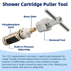 Calvana Bathroom Shower Valve Kit, Cartridge Removal Tool, Compatible with Moen 1222 One-Handle Posi Temp Faucets, Durable Brass & Plastic, Included Cartridge Puller Tool, Retainer Clip, Silicone Oil