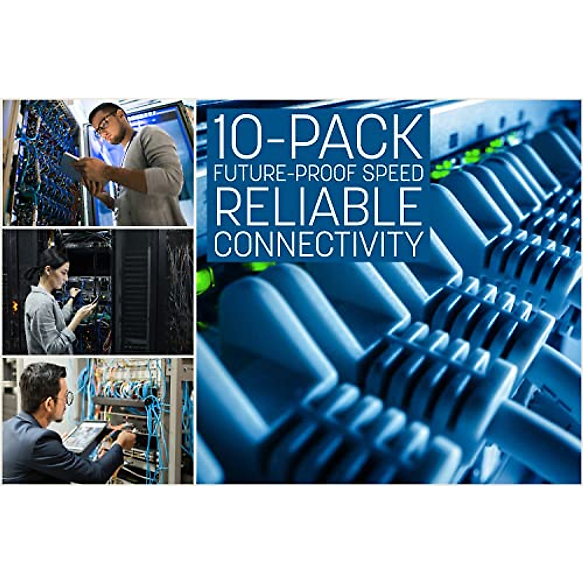 Intellinet Slim Cat8 Ethernet Network Patch Cable – 10-Pack - 40Gbps & 2000MHz, Snagless Boot, 30AWG Pure Bare Copper Wire, Gold-Plated Contacts, Lifetime Mfg Warranty – 1.5ft, 10 Pack, Blue